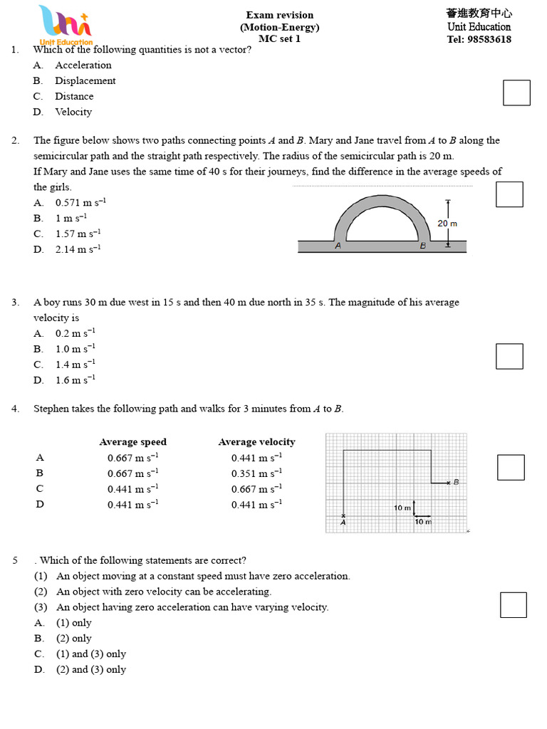 F.4 Physics Final Exam MC Set 1 (Linear Motion - Energy) 2023-24 | PDF | Velocity | Force