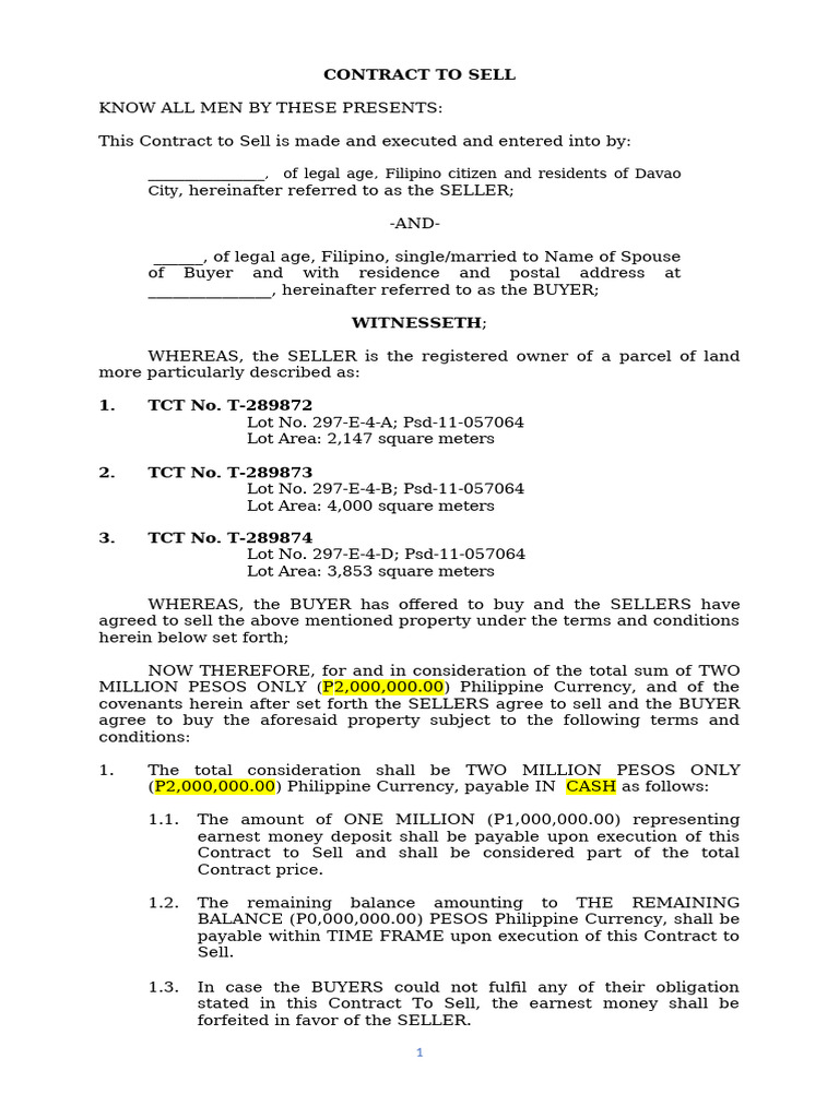 Ruby - CONTRACT TO SELL With Earnest Money | PDF | Taxes | Title (Property)