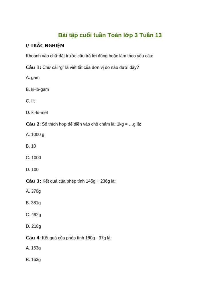 Bai Tap Cuoi Tuan Lop 3 Mon Toan Ket Noi Tri Thuc Tuan 13 47921 | PDF