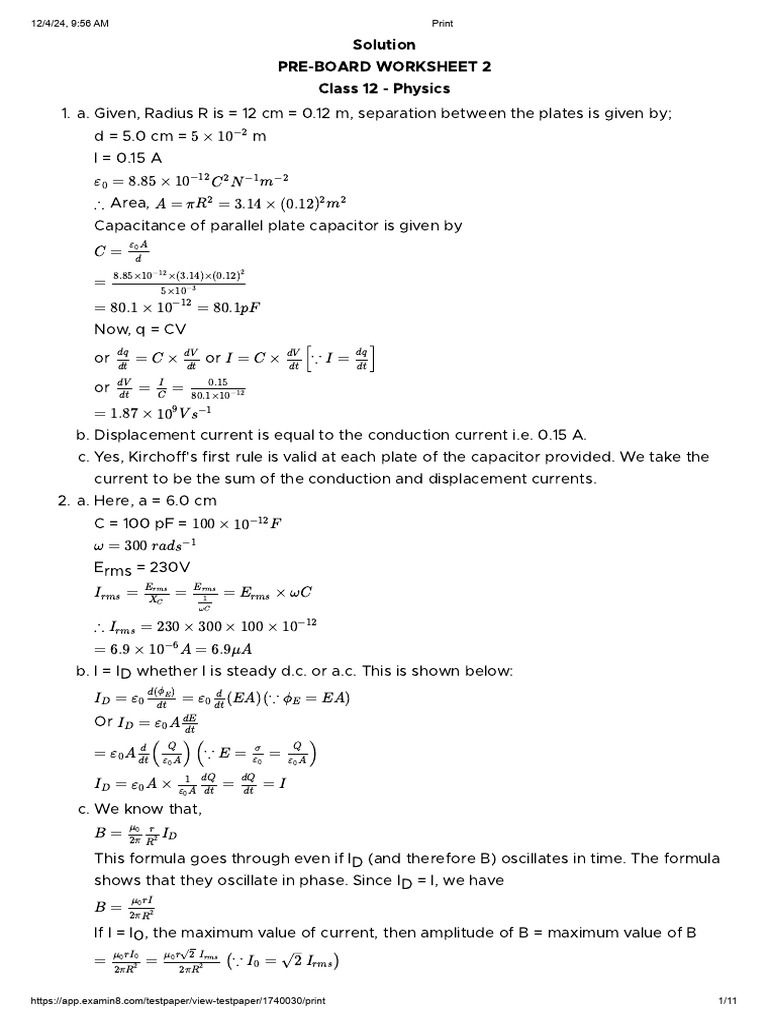 Pre Board Worksheet 2 Sol | PDF | Wavelength | Photoelectric Effect