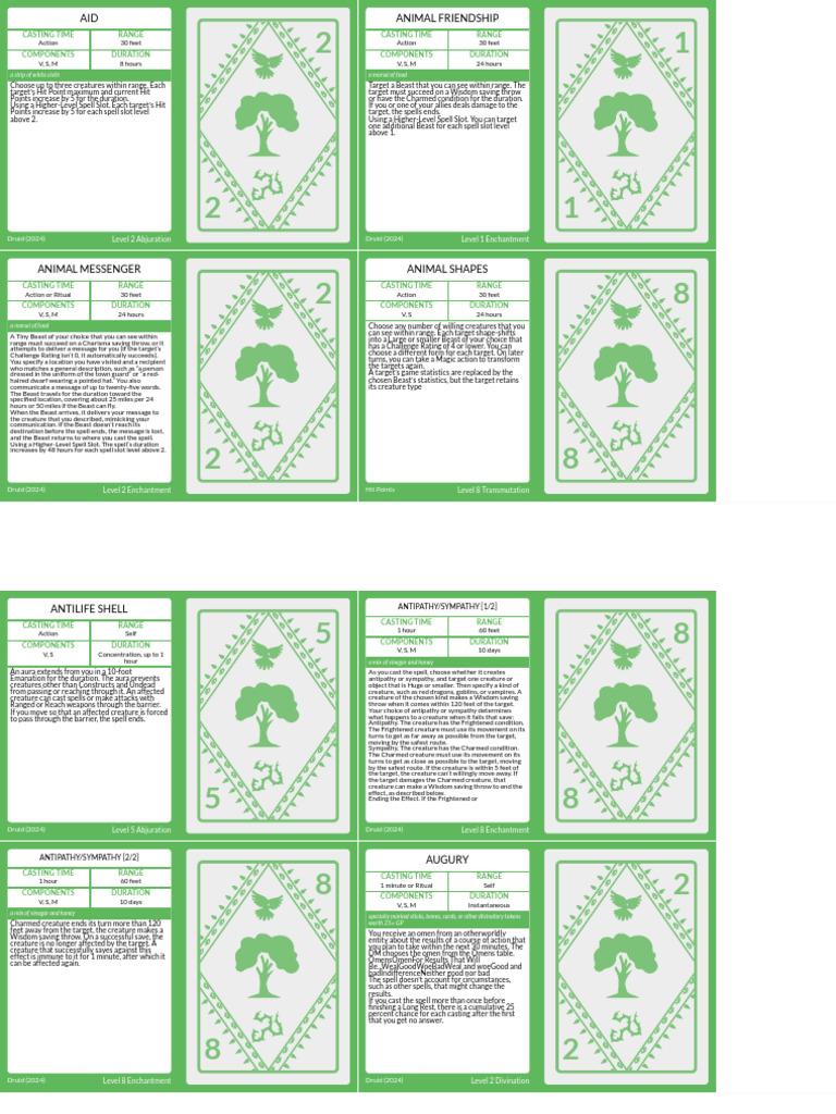 Druid Spell Cards for 2024 | PDF