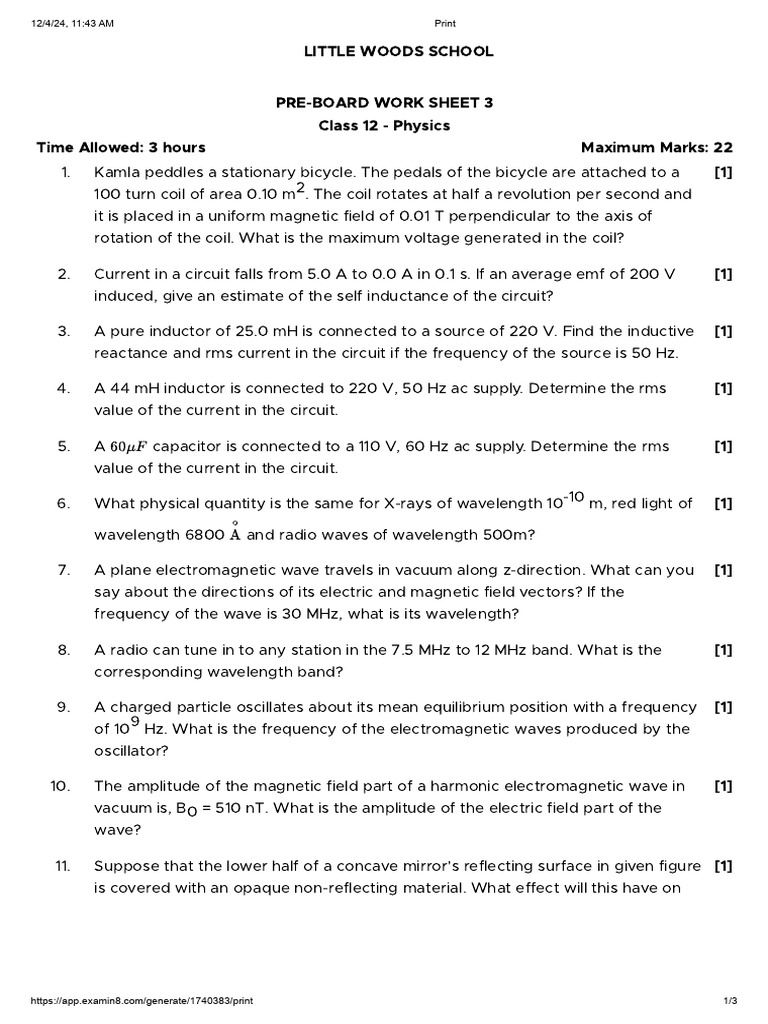 Pre Board Work Sheet 3 | PDF | Photoelectric Effect | Inductor