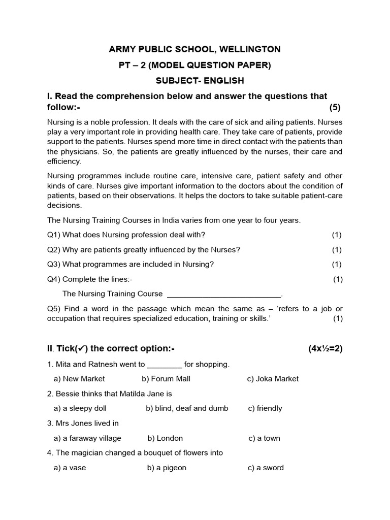 STD 5 PT - 2 (Model Ques Paper) | PDF | Nursing | Health Care
