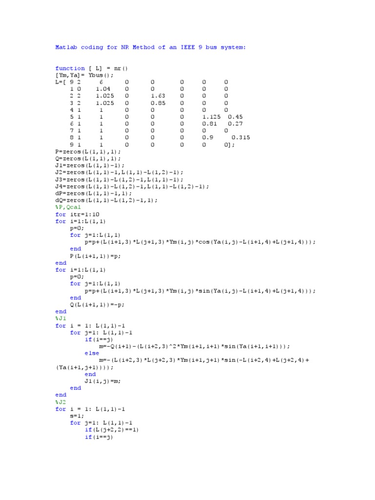 Matlab Coding For NR Method of An IEEE 9 Bus System | PDF | Computing ...