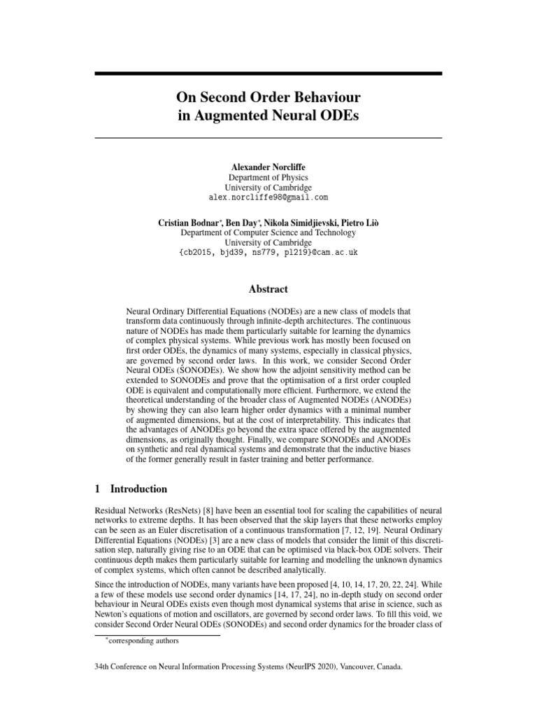 NeurIPS 2020 On Second Order Behaviour in Augmented Neural Odes Paper | PDF | Ordinary ...