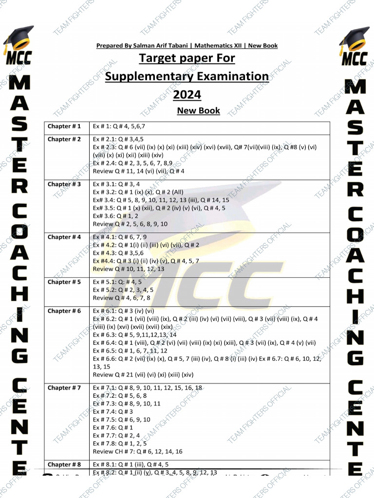 Xii Mathematics - MCC (Supplementary) Target Paper 2024 - Team Fighters ...