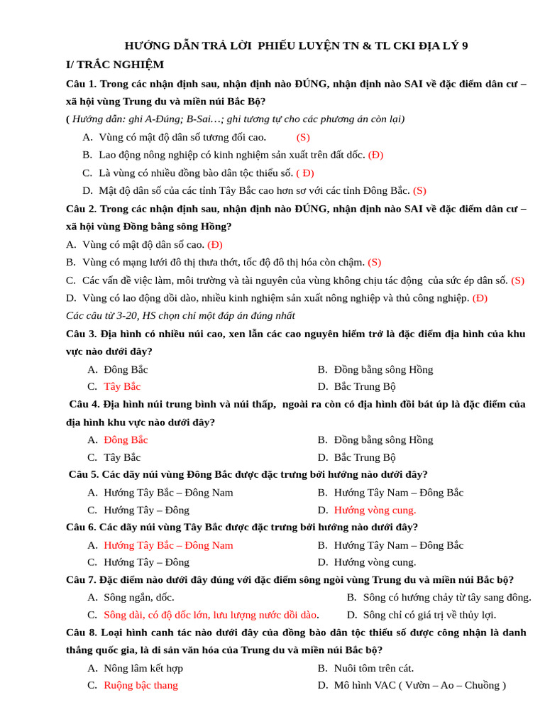 HDTL PHIẾU LUYỆN TN&TL CKI - ĐỊA 9 | PDF