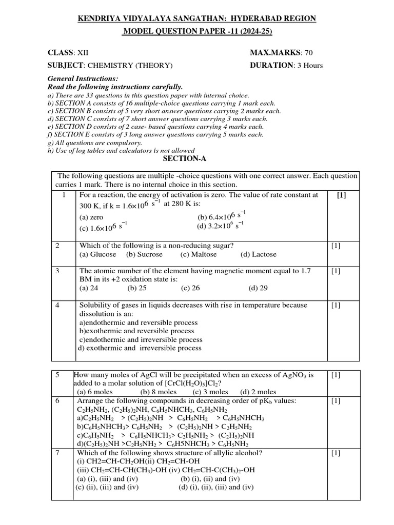 Chemistry 11 -20 Model QPS Class XII | PDF | Isomer | Coordination Complex