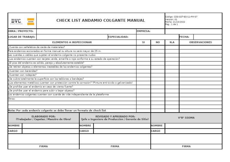 Checklist de Inspección Andamio Colgante | PDF