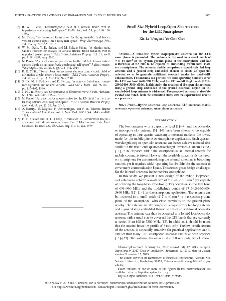 Small-Size Hybrid Loop Open-Slot Antenna For The LTE Smartphone | PDF ...