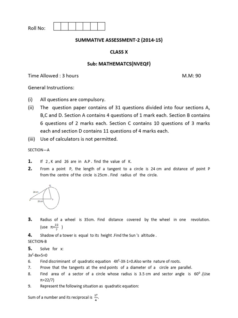 KV Class 10 Pre Board Sample Question Paper & Marking Scheme MATHS | PDF | Circle | Sphere