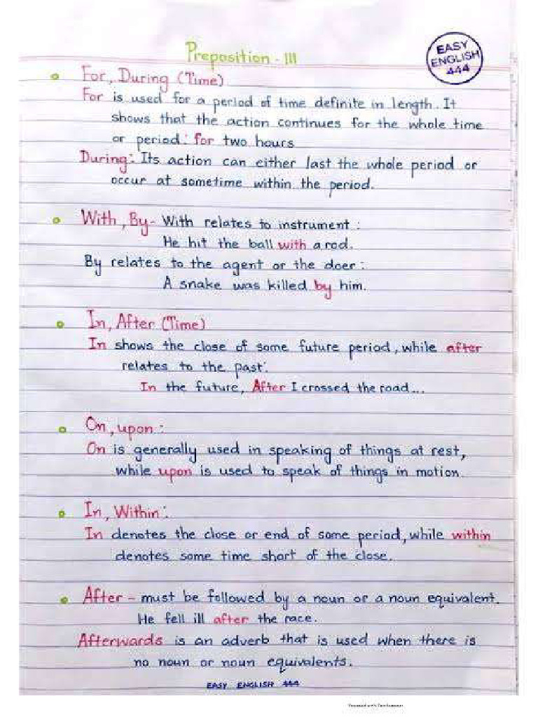 Hand Written Class Note On Preposition | PDF