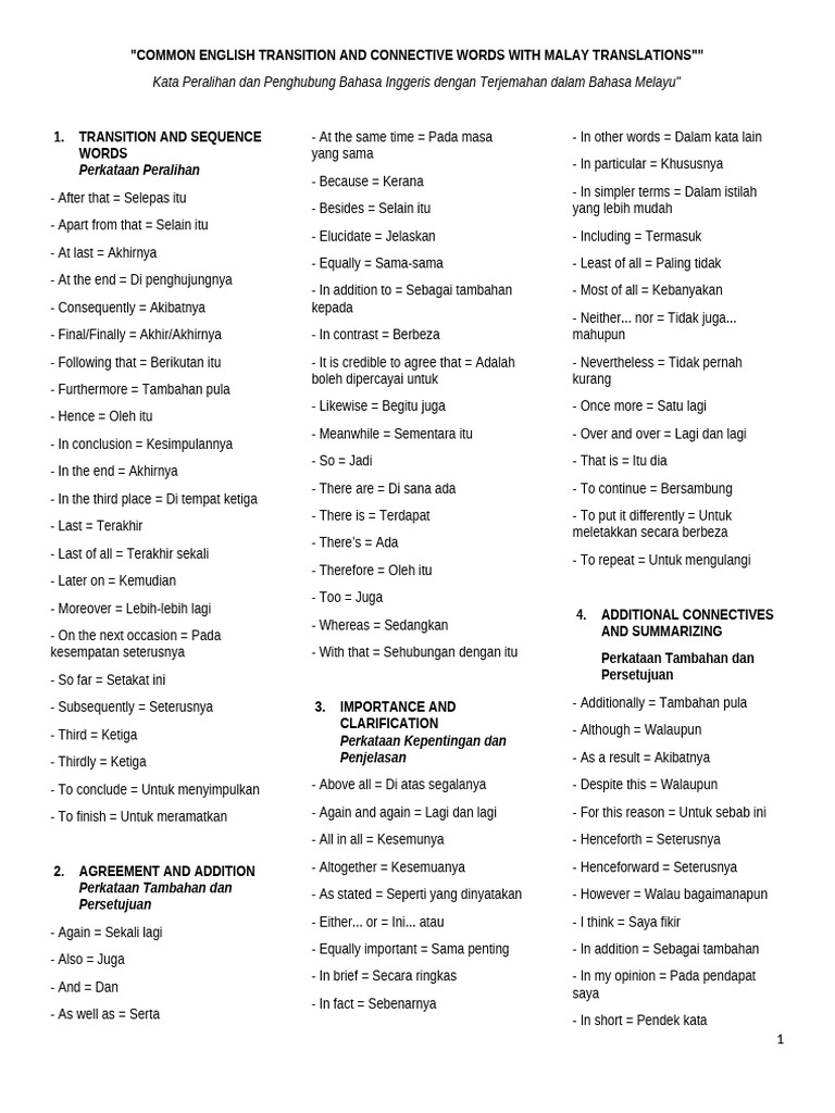 Common English Transition and Connective Words | PDF