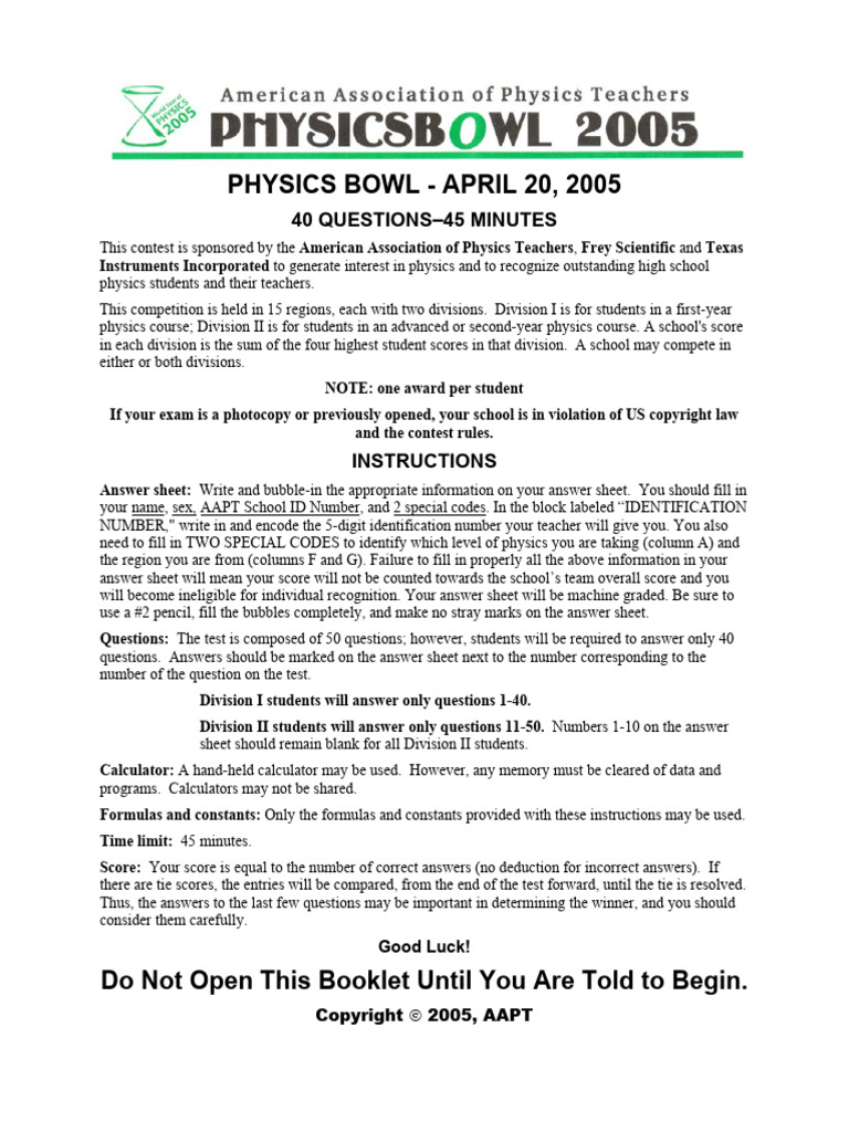 PhysicsBowl 2005 | PDF | Gases | Force
