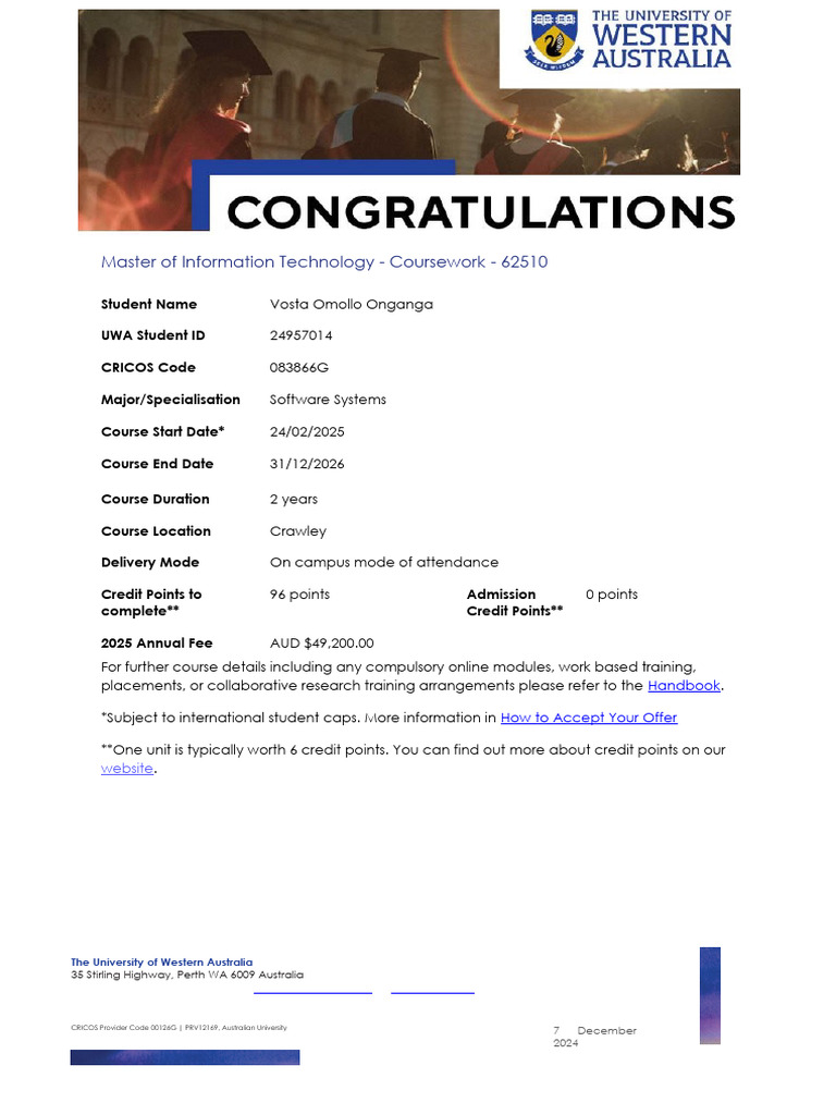 UWA International Offer Contract - 24957014 | PDF | Cost Of Living