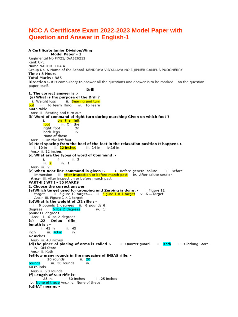 NCC A Certificate Exam Sample PAper | PDF
