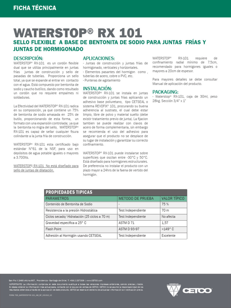 TDS Waterstop RX 101 Am SP 201510 V2 | PDF | Hormigón | Materiales
