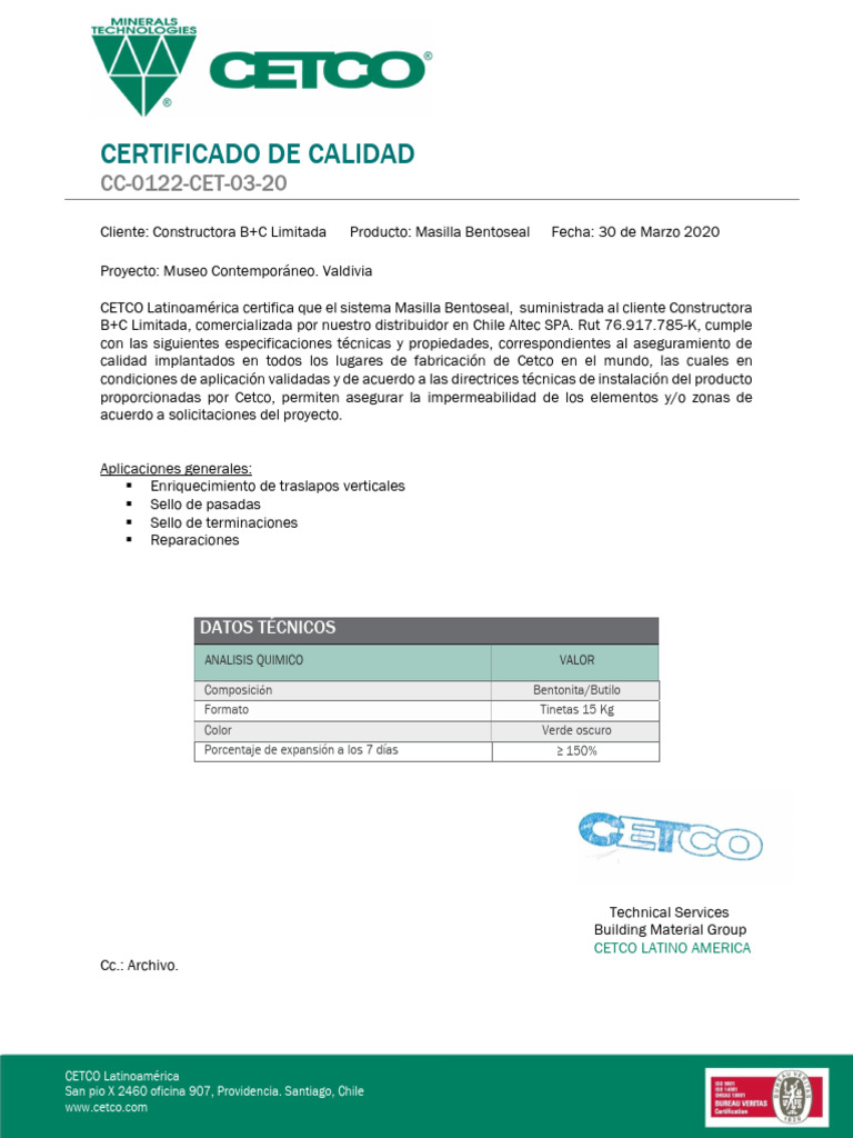 Certificado Bentoseal. Constructora B+C Limitada. | PDF