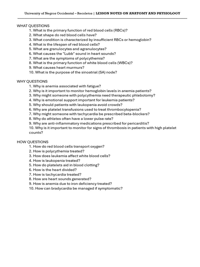 Questions For Blood Cells Anatomy of The Heart 1 | PDF