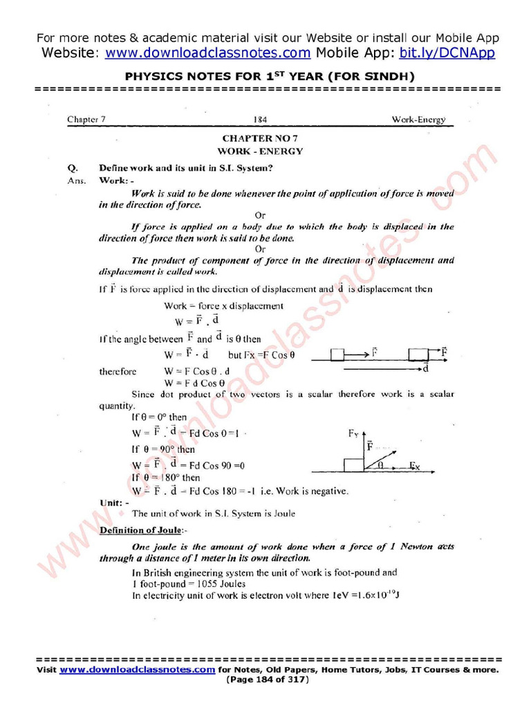 1st Year Physics Sindh Board Notes Unit 7 Work Energy (1) | PDF
