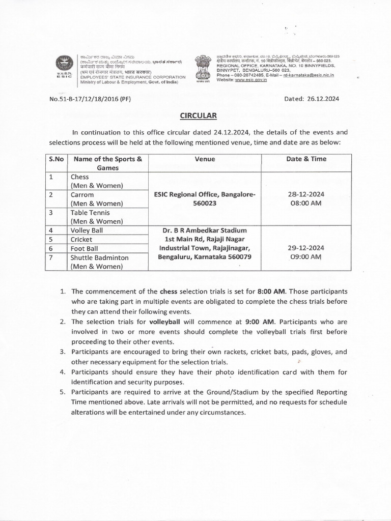 ESIC Sports Selection Trials Circular | PDF