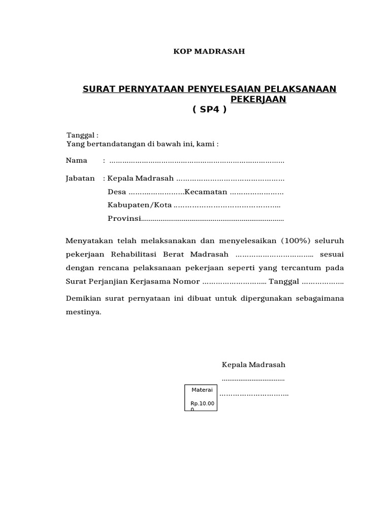 Surat Pernyataan Penyelesaian Pelaksanaan Pekerjaan (SP4) : Kop Madrasah | PDF