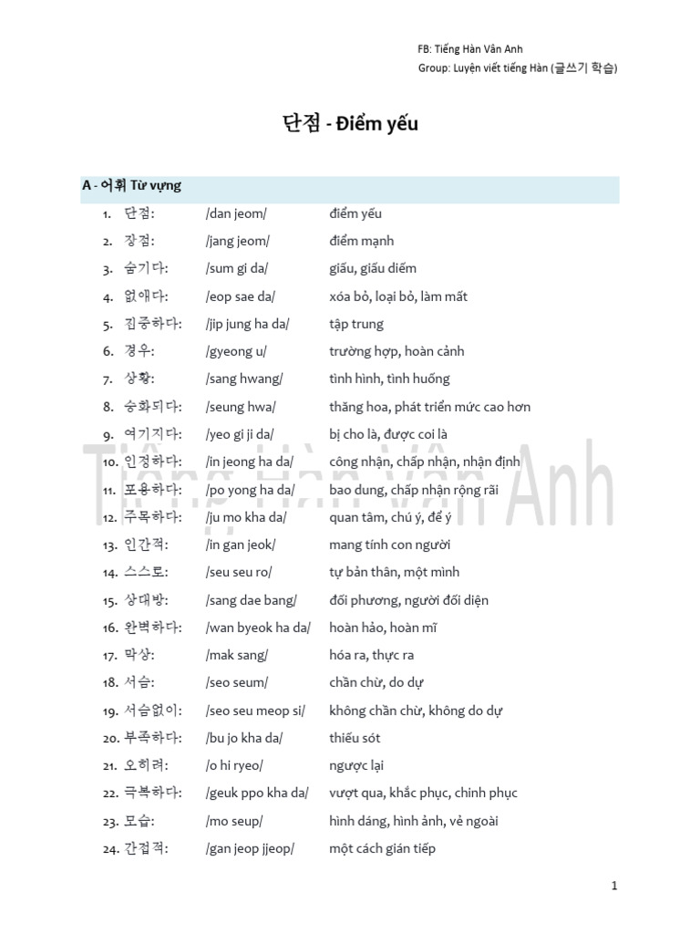 Tieng Han Van Anh - Bai viet Diem yeu | PDF