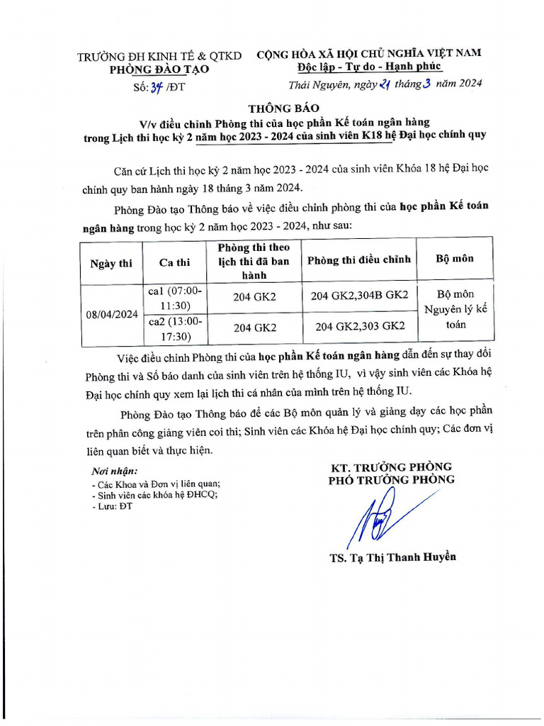 Số 34 Điều Chỉnh Phòng Thi HP Kế Toán Ngân Hàng Lịch Thi K18 Hệ ĐHCQ Kỳ 2 NH 2023 - 2024 | PDF