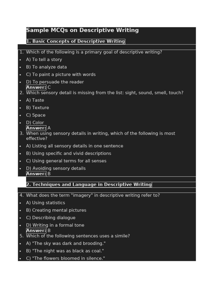 Sample MCQs on Descriptive Writing | PDF | Cognitive Science | Neuroscience