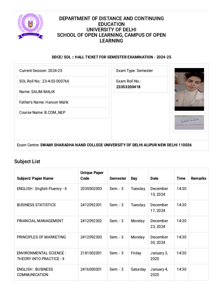 Ddce - Sol - Hall Ticket For Semester Examination - 2024-25 | PDF