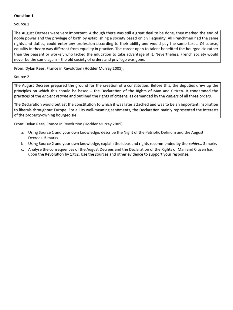 VCE History Source Analysis Questions | PDF | French Enlightenment | French Revolution