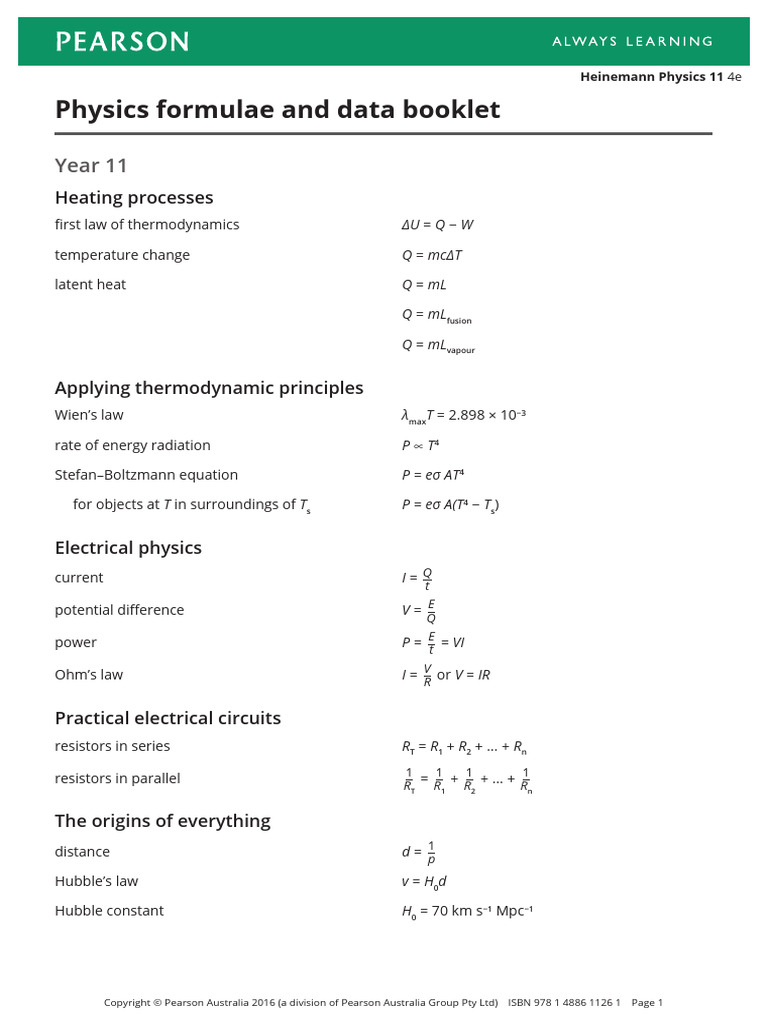 Physics 2016 Formulae & Data Booklet - Units 1-2 | PDF | Force | Momentum