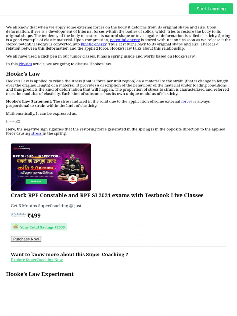 Hooke's law_ Definition, Experiment, Graph, Uses, Limitations | PDF