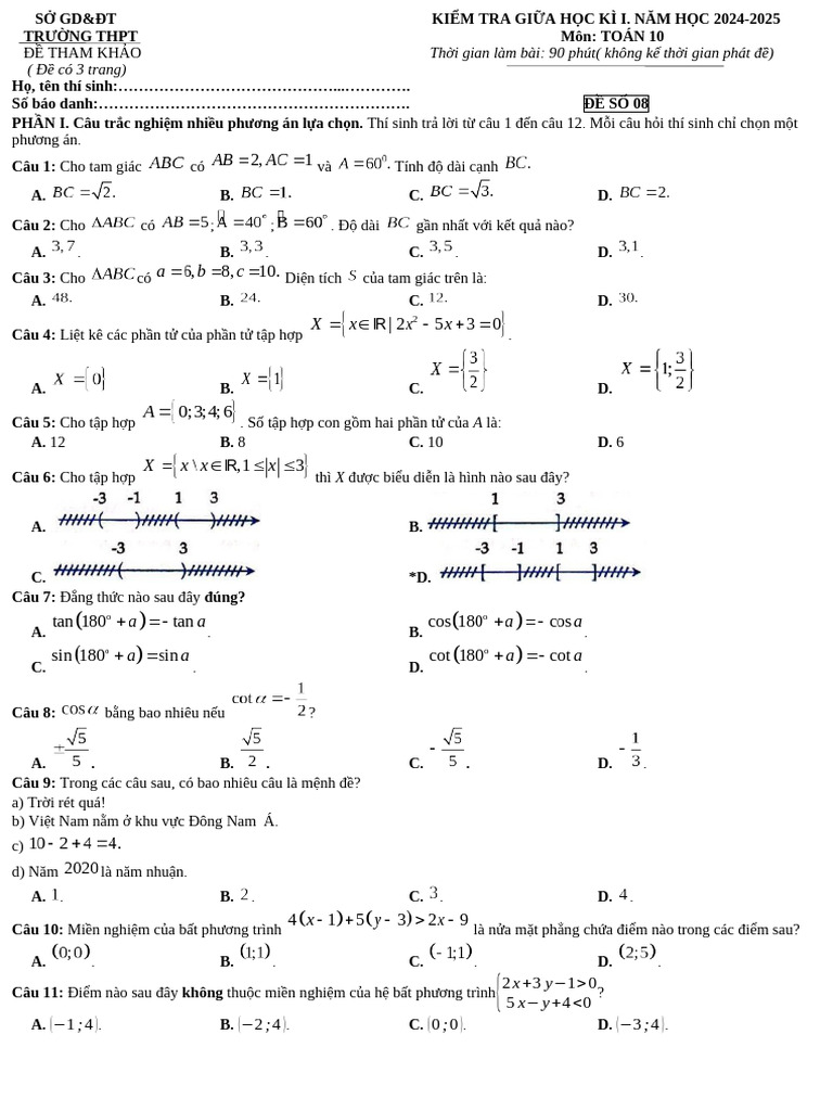 TOÁN ĐỀ 8 GK1 | PDF