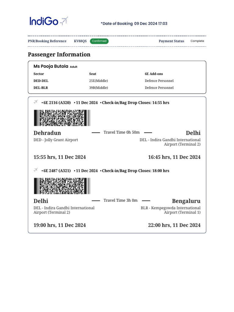 Flight Booking Confirmation for Pooja Butola | PDF