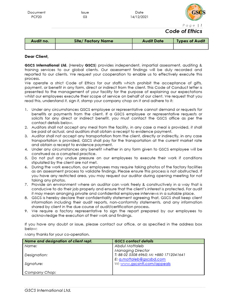 PCF20-2-Code of Ethics | PDF | Audit | Business