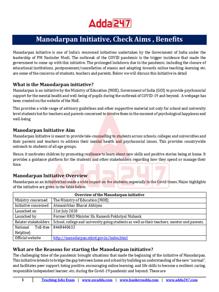 Manodarpan Initiative Check Aims Benefits | PDF | Stress (Biology) | Mental Health