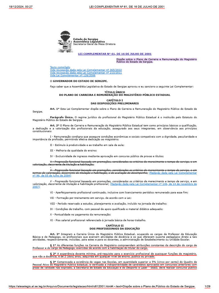 LEI COMPLEMENTAR Nº 61, DE 16 DE JULHO DE 2001 - SERGIPE | PDF | Pedagogia | Ensino Superior