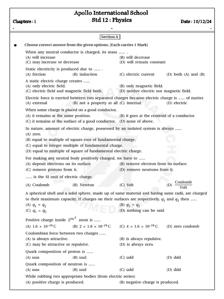 MCQ CH1.12TH | PDF | Electric Charge | Electric Field