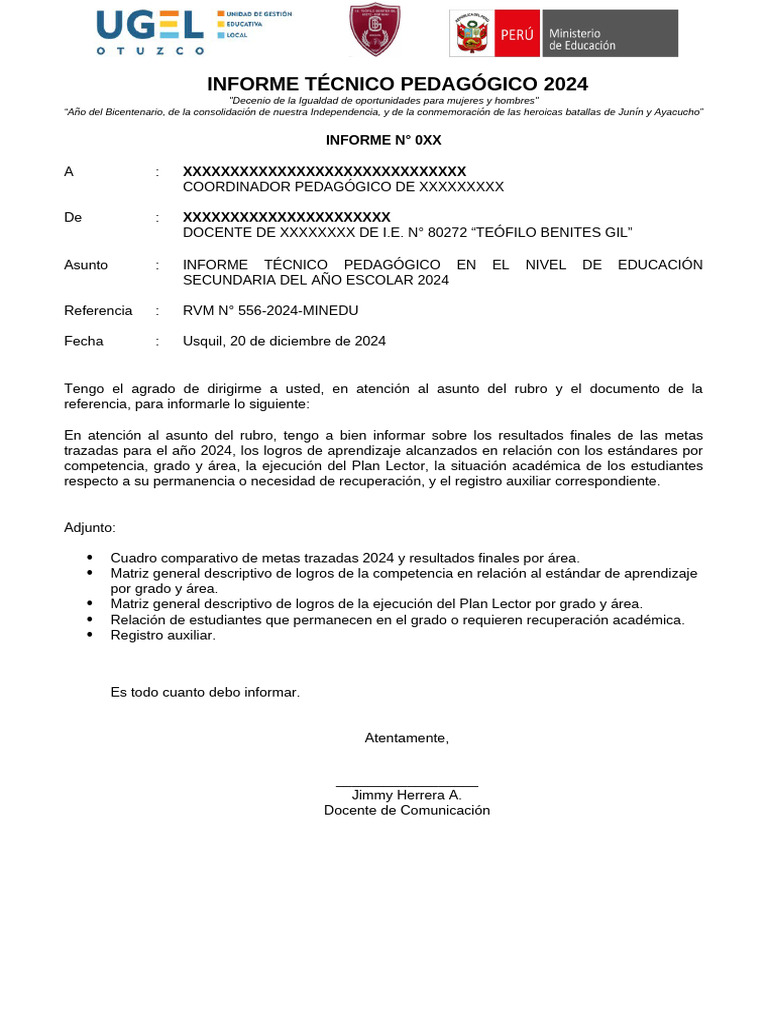 a4 - Informe Tecnico Pedagogico 2024 Tbg | PDF | Modificación de comportamiento | Aprendizaje