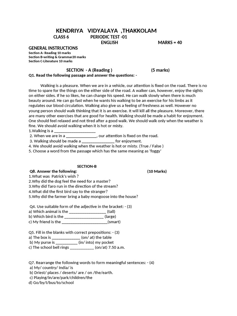 KENDRIYA VIDYALAYA Class 6 English | PDF