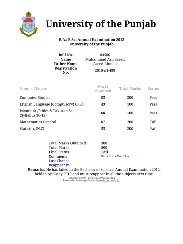 Asif University of The Punjab - Results - B.A. - B.sc. Annual ...