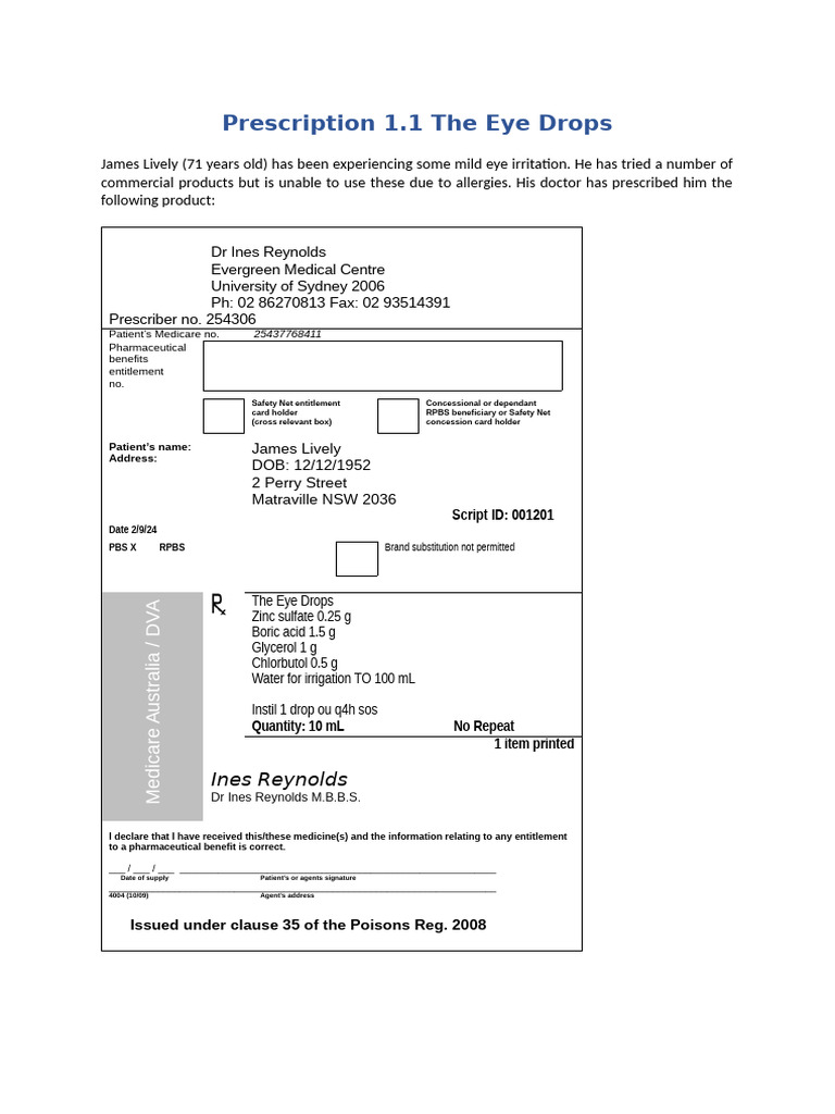 Prescription 1.1 The Eye Drops | PDF | Dose (Biochemistry) | Chemistry