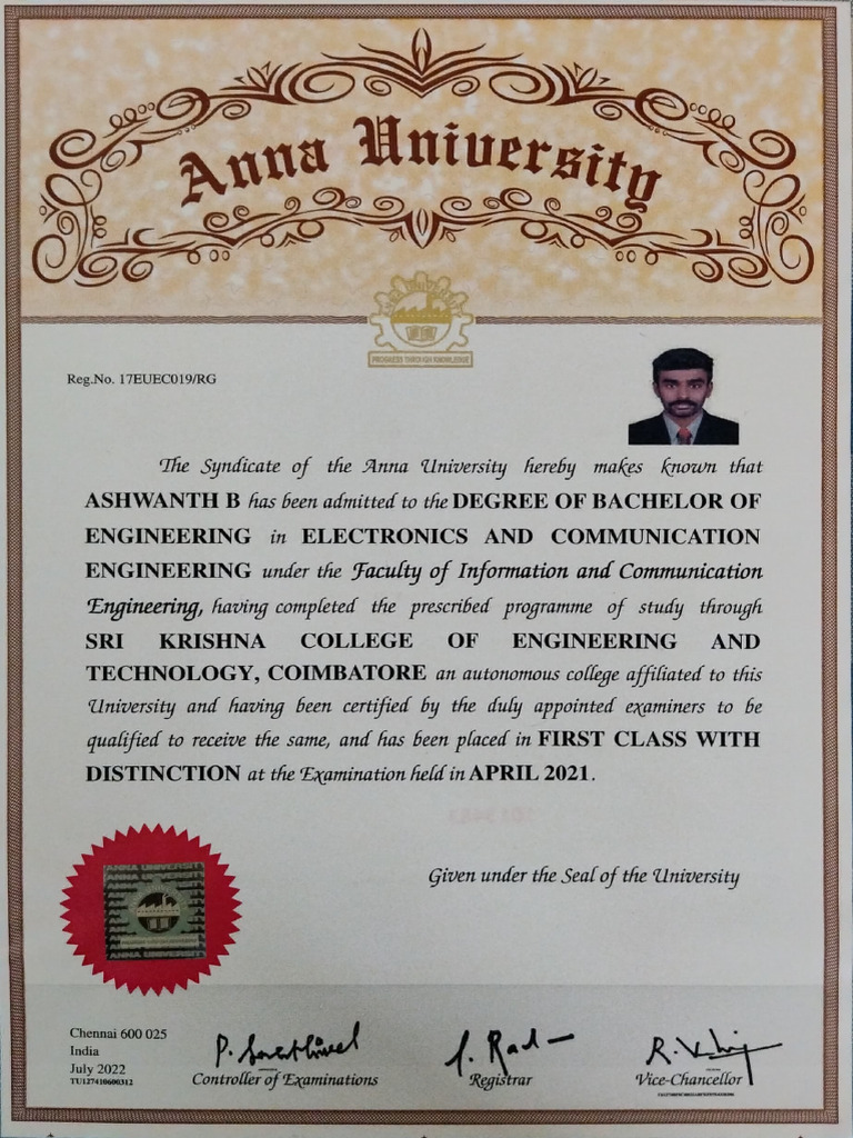 Ashwanth - Degree Certificate | PDF