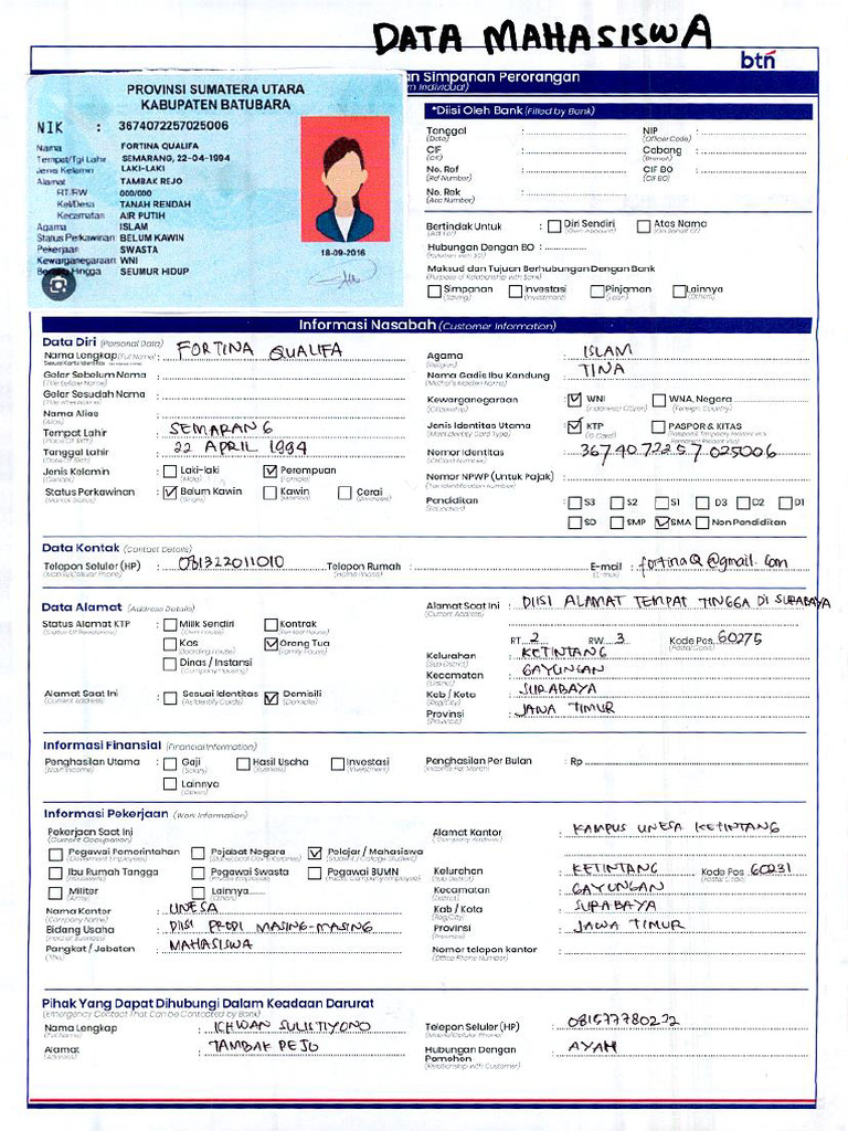 Contoh Pengisian Form Ktm Unesa 2023 | PDF