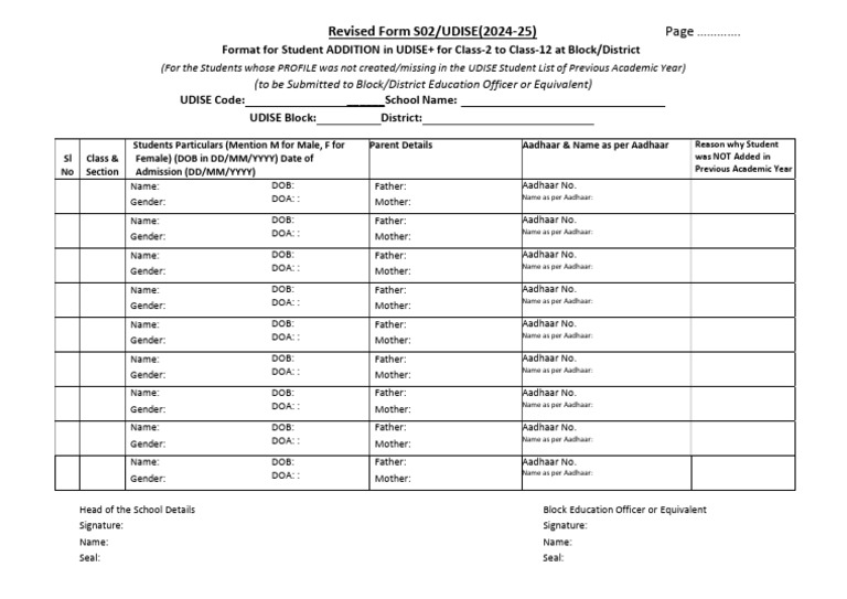 Revised Form S02 UDISEPlus 2024 25 Format For Student Addition | PDF | Social Institutions ...