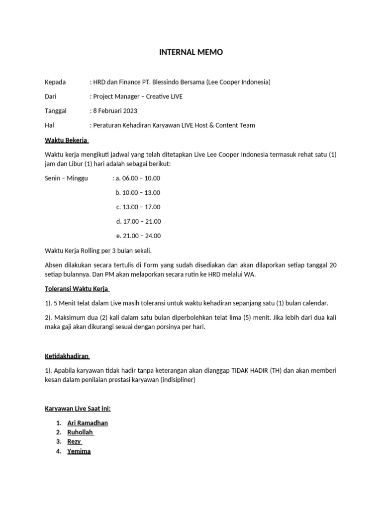 INTERNAL MEMO Kehadiran Karyawan LIVE | PDF