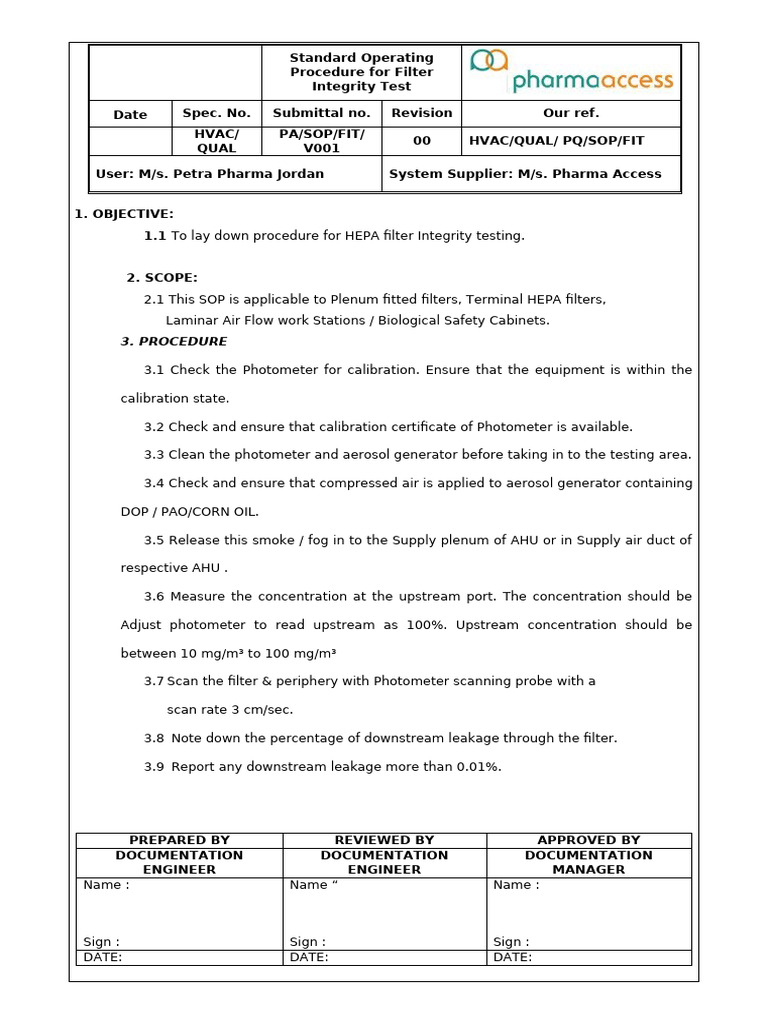 Annexure II - SOP - Filter Integrity Test | PDF | Equipment