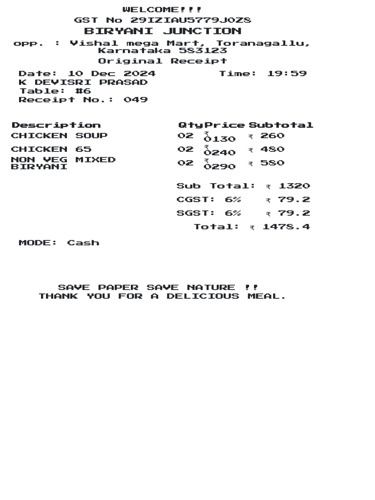 Biryani Junction Receipt 10 Dec 2024 | PDF