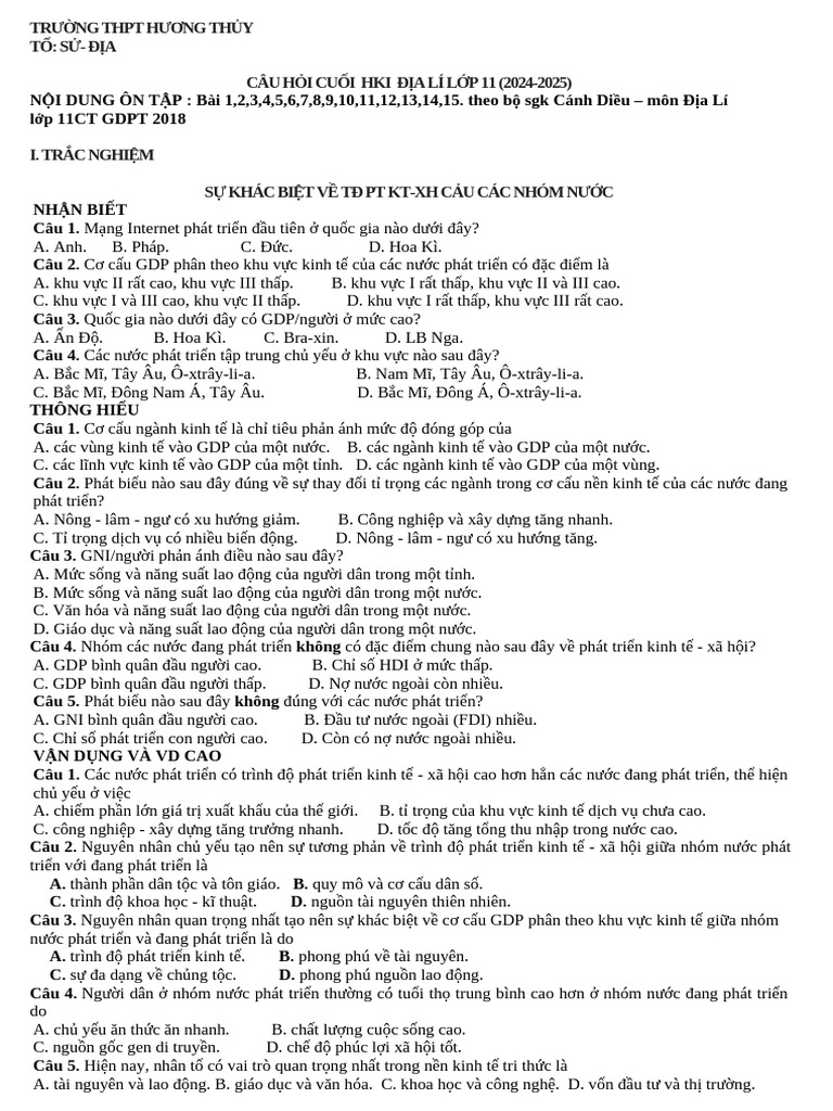 CÂU HỎI CKI 11 (2024-2025) | PDF